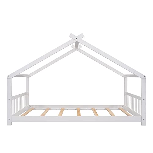 Harper & Bright Designs Full Size House Bed for Kids, Wooden House Bed Frame with Headboard and Footboard, House Floor Bed with Slat Support, No Box Spring Needed (White)