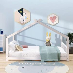 Harper & Bright Designs Full Size House Bed for Kids, Wooden House Bed Frame with Headboard and Footboard, House Floor Bed with Slat Support, No Box Spring Needed (White)