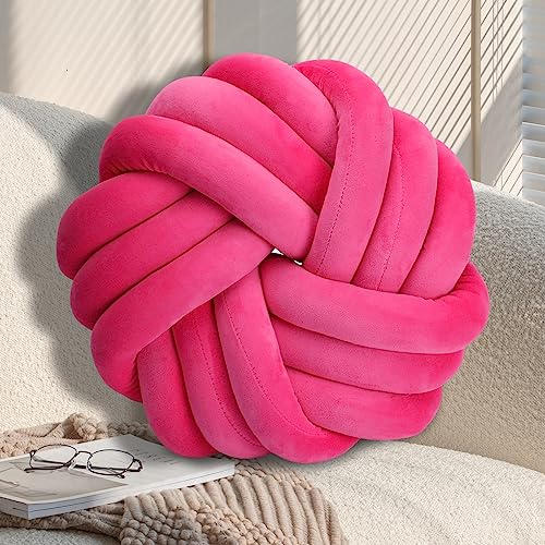 SLANKE Hot Pink Throw Pillow,Knot Ball Pillows,Round Pillows Decorative Pillows,Donut Pillow 13.8'' Soft Velvet Girls Room Decor Plush