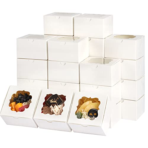 TOMNK 150pcs 4 Inch White Bakery Boxes Small Treat Boxes Cookie Boxes with 3 Style Windows Pastry Boxes Mini Dessert Boxes for Chocolate Strawberries Donuts and Party Favor 4x4x2.5 Inch