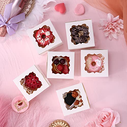 TOMNK 150pcs 4 Inch White Bakery Boxes Small Treat Boxes Cookie Boxes with 3 Style Windows Pastry Boxes Mini Dessert Boxes for Chocolate Strawberries Donuts and Party Favor 4x4x2.5 Inch