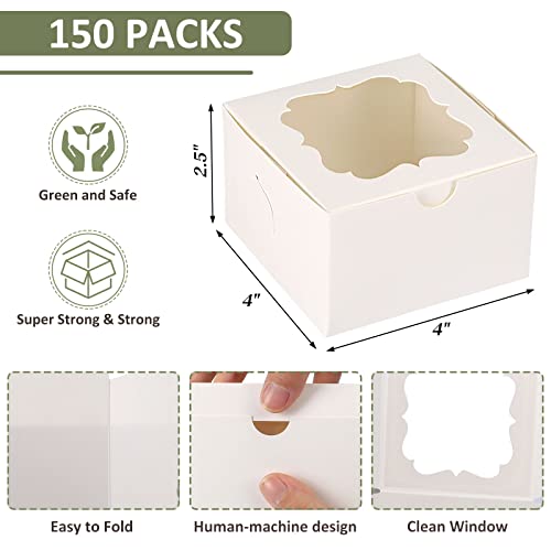 TOMNK 150pcs 4 Inch White Bakery Boxes Small Treat Boxes Cookie Boxes with 3 Style Windows Pastry Boxes Mini Dessert Boxes for Chocolate Strawberries Donuts and Party Favor 4x4x2.5 Inch