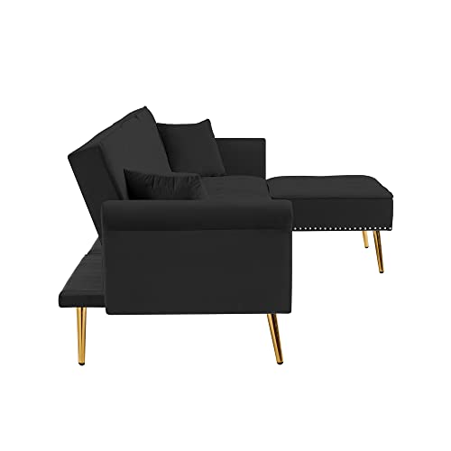 Modern Velvet Upholstered Reversible Sectional Sofa Bed, L Shape Sofa Couch with Removable Ottoman, Nailhead Trim and Gold Mental Legs for Compact Spaces Living Room,Apartment(L Shape Black Sofa)