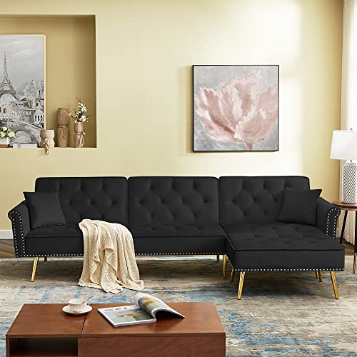 Modern Velvet Upholstered Reversible Sectional Sofa Bed, L Shape Sofa Couch with Removable Ottoman, Nailhead Trim and Gold Mental Legs for Compact Spaces Living Room,Apartment(L Shape Black Sofa)