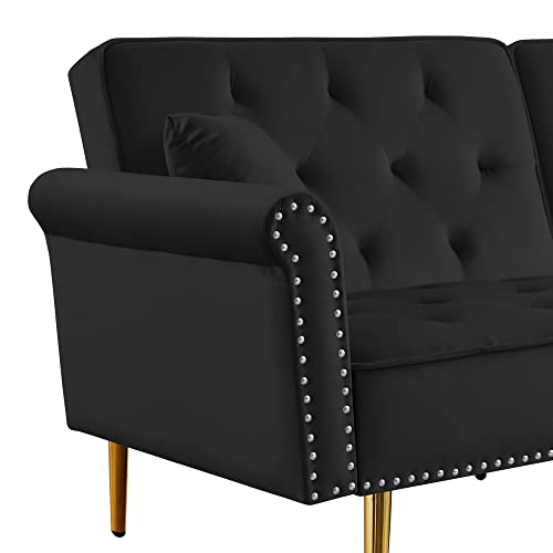 Modern Velvet Upholstered Reversible Sectional Sofa Bed, L Shape Sofa Couch with Removable Ottoman, Nailhead Trim and Gold Mental Legs for Compact Spaces Living Room,Apartment(L Shape Black Sofa)