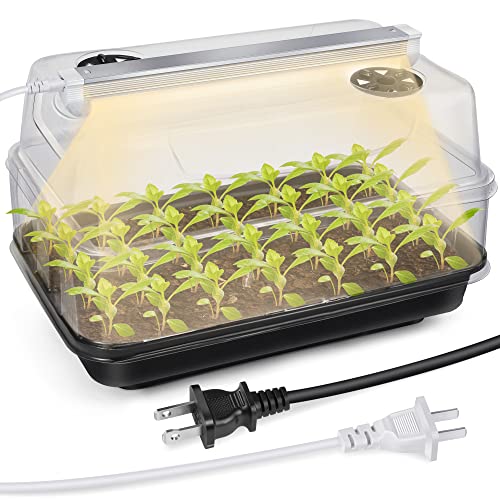 Seed Starter Tray with T8 Grow Light, Seedling Heat Tray Mini Greenhouse with 15'' Humidity Domes and Height Extension, Plant Sprouting Germination Propagation Kit Indoor Gardening Supplies