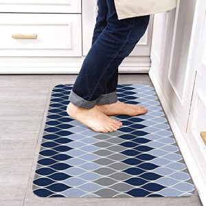 Indoor Door Mat,Grey Navy Blue Buffalo Lattice Geometric Stripe Soft Non-Slip Absorbent Kitchen Rug,Medieval Style Abstract Art Floor Mat Entrance Rugs for Bedroom Living Room 20x31In