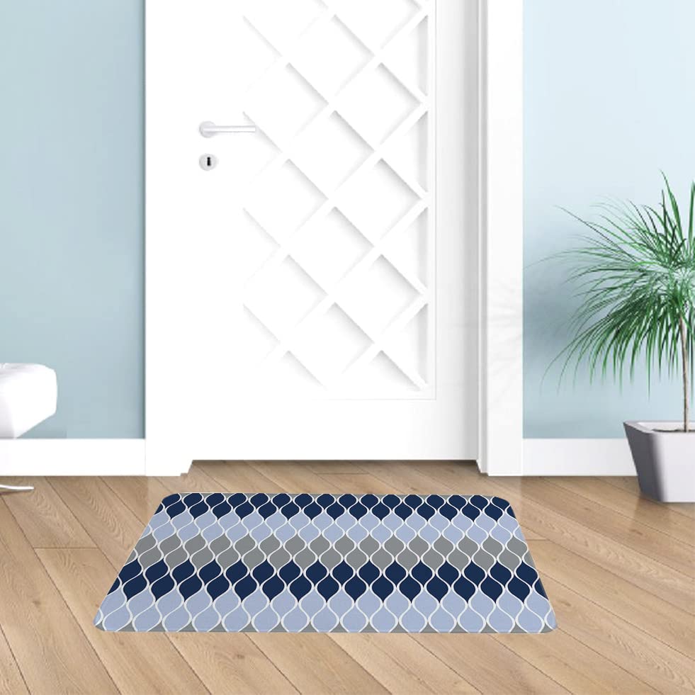 Indoor Door Mat,Grey Navy Blue Buffalo Lattice Geometric Stripe Soft Non-Slip Absorbent Kitchen Rug,Medieval Style Abstract Art Floor Mat Entrance Rugs for Bedroom Living Room 20x31In