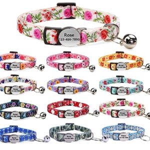 Moonpet Custom Personalized Breakaway Cat Collar with ID Name Phone Number Tag Plate/Customized Engraved Floral Pattern Boy Girl Cat Kitten Collar with Bell