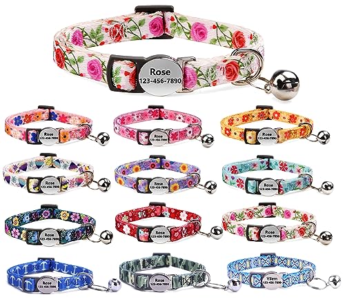 Moonpet Custom Personalized Breakaway Cat Collar with ID Name Phone Number Tag Plate/Customized Engraved Floral Pattern Boy Girl Cat Kitten Collar with Bell