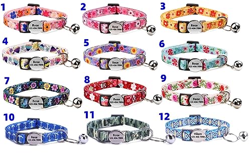 Moonpet Custom Personalized Breakaway Cat Collar with ID Name Phone Number Tag Plate/Customized Engraved Floral Pattern Boy Girl Cat Kitten Collar with Bell