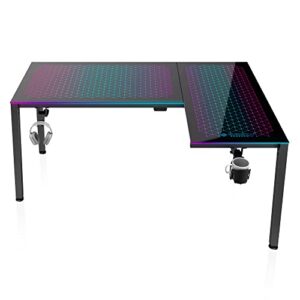 eureka ergonomic music sensing rgb led lights glass gaming desk, 60 inch l shaped reversible top, home office corner computer studio table gifts gtg l60 w cup headset socket holder, smart app control