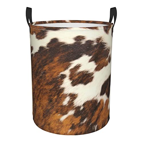 NOTZERO Red and white cowhide Large Laundry Basket, Laundry Hamper with Handle Collapsible Dirty Clothes Hamper Round Storage Basket for Bedroom Clothes Storage, Black