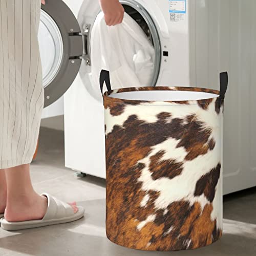 NOTZERO Red and white cowhide Large Laundry Basket, Laundry Hamper with Handle Collapsible Dirty Clothes Hamper Round Storage Basket for Bedroom Clothes Storage, Black