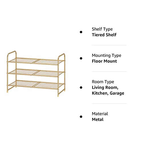 Simple Trending 3-Tier Stackable Shoe Rack, Expandable & Adjustable Shoe Shelf Storage Organizer, Metal Mesh, Gold