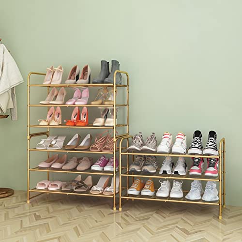 Simple Trending 3-Tier Stackable Shoe Rack, Expandable & Adjustable Shoe Shelf Storage Organizer, Metal Mesh, Gold