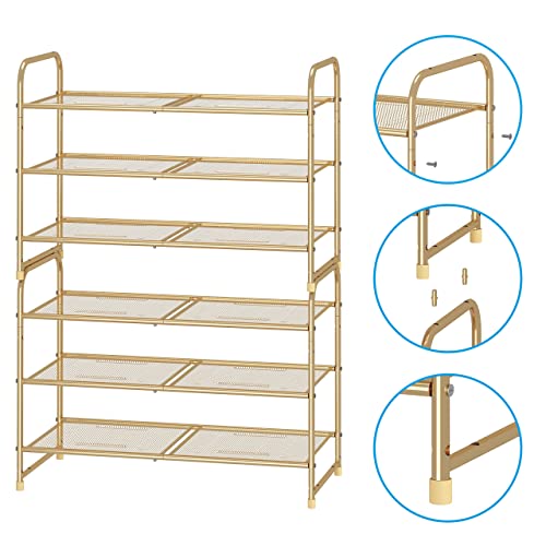 Simple Trending 3-Tier Stackable Shoe Rack, Expandable & Adjustable Shoe Shelf Storage Organizer, Metal Mesh, Gold