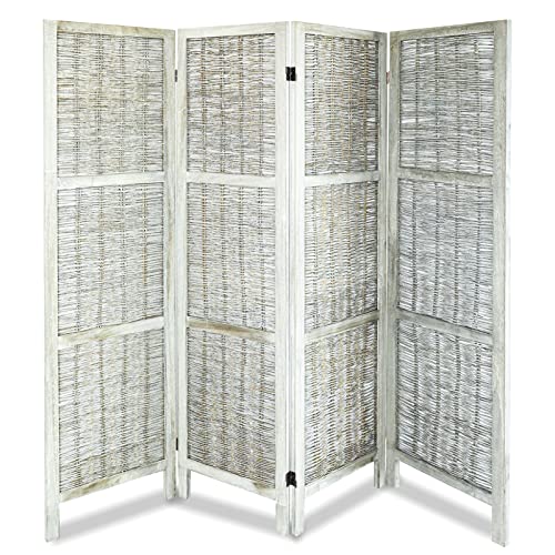 4 Panel Room Dividers, 5.2 Ft Width Wood Partition Room Dividers Wall Wooden Folding Privacy Screens Foldable Panel Wall Divider for Office Restaurant, Light Grey