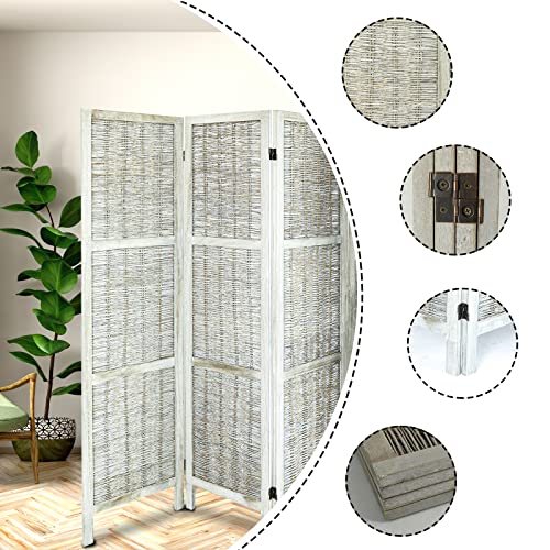 4 Panel Room Dividers, 5.2 Ft Width Wood Partition Room Dividers Wall Wooden Folding Privacy Screens Foldable Panel Wall Divider for Office Restaurant, Light Grey