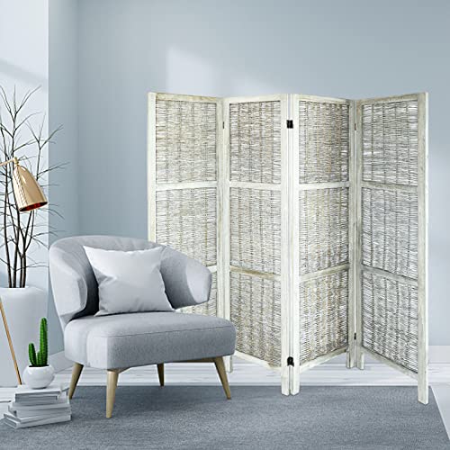 4 Panel Room Dividers, 5.2 Ft Width Wood Partition Room Dividers Wall Wooden Folding Privacy Screens Foldable Panel Wall Divider for Office Restaurant, Light Grey