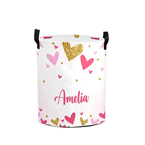 Valentines Hearts Pink Personalized Laundry Basket Clothes Hamper with Handles Waterproof ,Collapsible Laundry Storage Baskets for Bathroom,Bedroom Decorative 19.7"Hx14.2"D