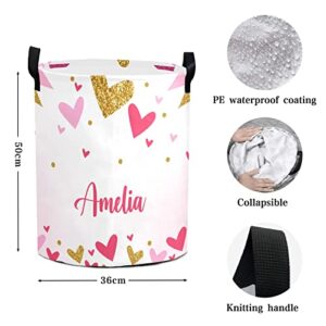 Valentines Hearts Pink Personalized Laundry Basket Clothes Hamper with Handles Waterproof ,Collapsible Laundry Storage Baskets for Bathroom,Bedroom Decorative 19.7"Hx14.2"D