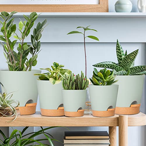 GARDIFE Plant Pots 7/6.5/6/5.5/5 Inch Self Watering Planters with Drainage Hole, Plastic Flower Pots, Nursery Planting Pot for All House Plants, African Violet, Flowers, and Cactus,Green