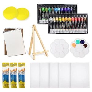 colorful acrylic painting kit - paint supplies set with 24 colors, 30 brushes, 5 canvases, 1 pad, 2 palette, 2 sponge & 1 wood easel - art acrylic paint set for beginners, kids, adults