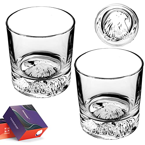 Amesser Whiskey Rocks Glasses Old Fashioned - 10.5 Ounce Gift Set of 2, Handblown Crystal Whisky Tumbler with Eagle Pattern for Bourbon, Lagavulin Scotch, Liquor, Irish, Vodka, Loop(HW-S011)