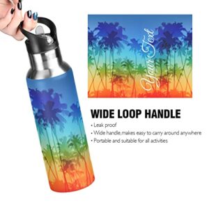 Glaphy Custom Water Bottle, Beach Palm Trees Colorful Water Bottle with Straw Lid, BPA-Free, 20 oz Insulated Stainless Steel, Personalized Name, for School, Office, Gym, Sports, Travel