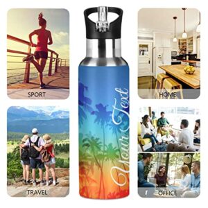 Glaphy Custom Water Bottle, Beach Palm Trees Colorful Water Bottle with Straw Lid, BPA-Free, 20 oz Insulated Stainless Steel, Personalized Name, for School, Office, Gym, Sports, Travel