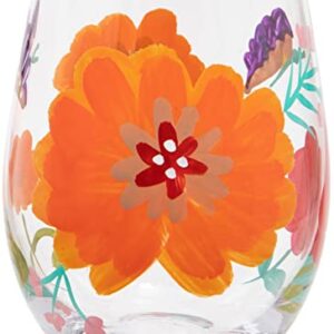 Maturi Hand Painted Flowers Stemless Wine Glass, 530ml, Gift Boxed (470401), Multicolor