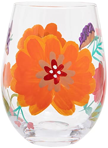 Maturi Hand Painted Flowers Stemless Wine Glass, 530ml, Gift Boxed (470401), Multicolor