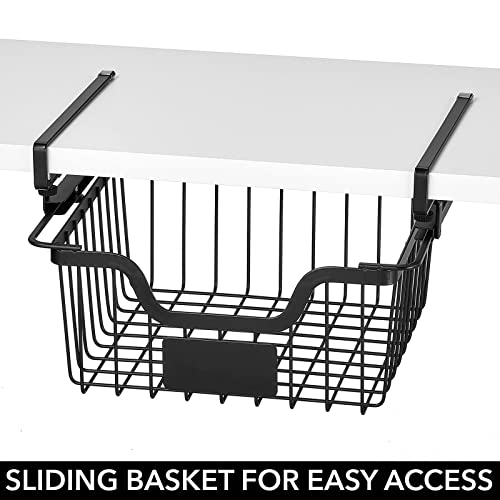 mDesign Wire Under Shelf Organizer for Cabinet - Sliding Basket for Under Cabinet Shelf - Hanging Storage Organizer Rack for Kitchen and Pantry with Label Space - Carson Collection - Matte Black