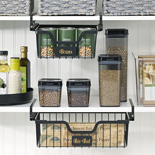 mDesign Wire Under Shelf Organizer for Cabinet - Sliding Basket for Under Cabinet Shelf - Hanging Storage Organizer Rack for Kitchen and Pantry with Label Space - Carson Collection - Matte Black