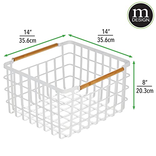 mDesign Metal Steel Wire Square Organizer Storage Basket w/Bamboo Handles for Closet, Shelves, Holds Linens, Blankets, Slippers, Scarves, Hats, Gloves - Yami Collection - 2 Pack - Matte White/Natural