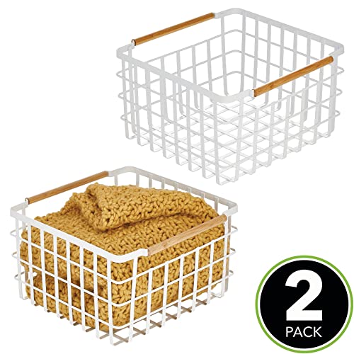 mDesign Metal Steel Wire Square Organizer Storage Basket w/Bamboo Handles for Closet, Shelves, Holds Linens, Blankets, Slippers, Scarves, Hats, Gloves - Yami Collection - 2 Pack - Matte White/Natural