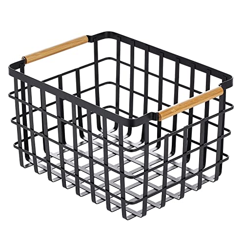 mDesign Metal Wire Closet Storage Basket Bin Organizer with Wood Handles for Bedroom, Bathroom, Mudroom, Entryway, Hallway, or Linen Closet Organization - Yami Collection, Matte Black/Natural