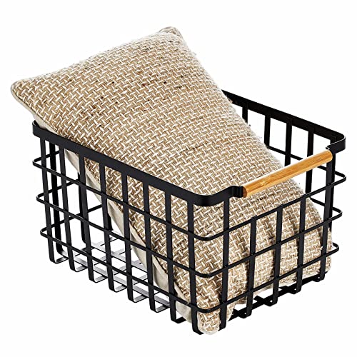 mDesign Metal Wire Closet Storage Basket Bin Organizer with Wood Handles for Bedroom, Bathroom, Mudroom, Entryway, Hallway, or Linen Closet Organization - Yami Collection, Matte Black/Natural