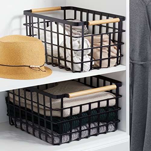 mDesign Metal Wire Closet Storage Basket Bin Organizer with Wood Handles for Bedroom, Bathroom, Mudroom, Entryway, Hallway, or Linen Closet Organization - Yami Collection, Matte Black/Natural