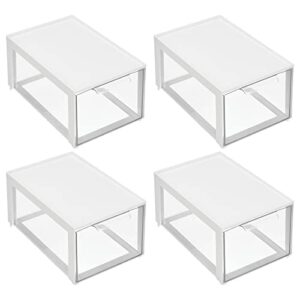 mDesign Plastic Stackable Cosmetic Storage Organizer Bin with Pull Out Drawer for Cabinet, Vanity, Shelf, Cupboard, or Cabinet Organization - Lumiere Collection - 4 Pack - White/Clear