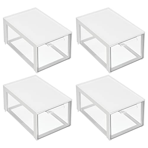 mDesign Plastic Stackable Cosmetic Storage Organizer Bin with Pull Out Drawer for Cabinet, Vanity, Shelf, Cupboard, or Cabinet Organization - Lumiere Collection - 4 Pack - White/Clear