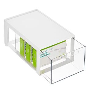 mDesign Plastic Stackable Cosmetic Storage Organizer Bin with Pull Out Drawer for Cabinet, Vanity, Shelf, Cupboard, or Cabinet Organization - Lumiere Collection - 4 Pack - White/Clear