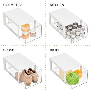 mDesign Plastic Stackable Cosmetic Storage Organizer Bin with Pull Out Drawer for Cabinet, Vanity, Shelf, Cupboard, or Cabinet Organization - Lumiere Collection - 4 Pack - White/Clear