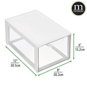 mDesign Plastic Stackable Cosmetic Storage Organizer Bin with Pull Out Drawer for Cabinet, Vanity, Shelf, Cupboard, or Cabinet Organization - Lumiere Collection - 4 Pack - White/Clear