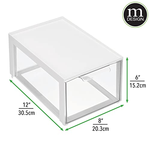 mDesign Plastic Stackable Cosmetic Storage Organizer Bin with Pull Out Drawer for Cabinet, Vanity, Shelf, Cupboard, or Cabinet Organization - Lumiere Collection - 4 Pack - White/Clear