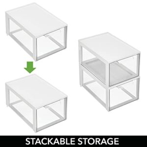 mDesign Plastic Stackable Cosmetic Storage Organizer Bin with Pull Out Drawer for Cabinet, Vanity, Shelf, Cupboard, or Cabinet Organization - Lumiere Collection - 4 Pack - White/Clear