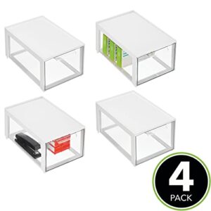 mDesign Plastic Stackable Cosmetic Storage Organizer Bin with Pull Out Drawer for Cabinet, Vanity, Shelf, Cupboard, or Cabinet Organization - Lumiere Collection - 4 Pack - White/Clear