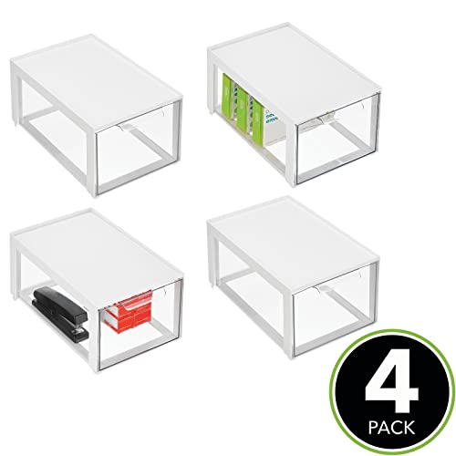 mDesign Plastic Stackable Cosmetic Storage Organizer Bin with Pull Out Drawer for Cabinet, Vanity, Shelf, Cupboard, or Cabinet Organization - Lumiere Collection - 4 Pack - White/Clear