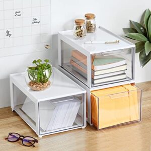 mDesign Plastic Stackable Cosmetic Storage Organizer Bin with Pull Out Drawer for Cabinet, Vanity, Shelf, Cupboard, or Cabinet Organization - Lumiere Collection - 4 Pack - White/Clear